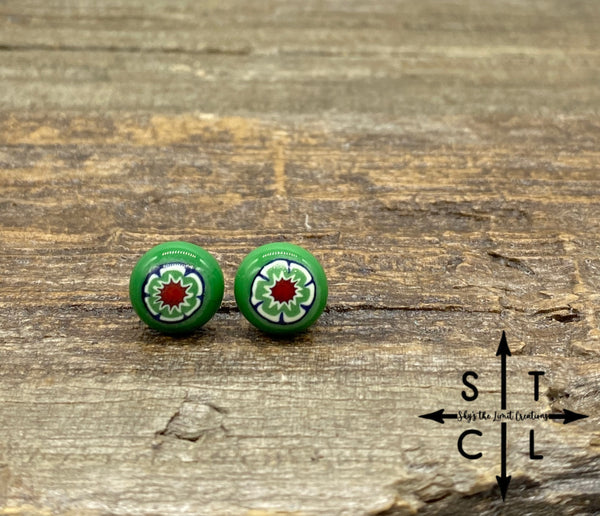 Green With White Flower Red Center Murano Glass Stud Earrings Sky s The Limit Creations LLC
